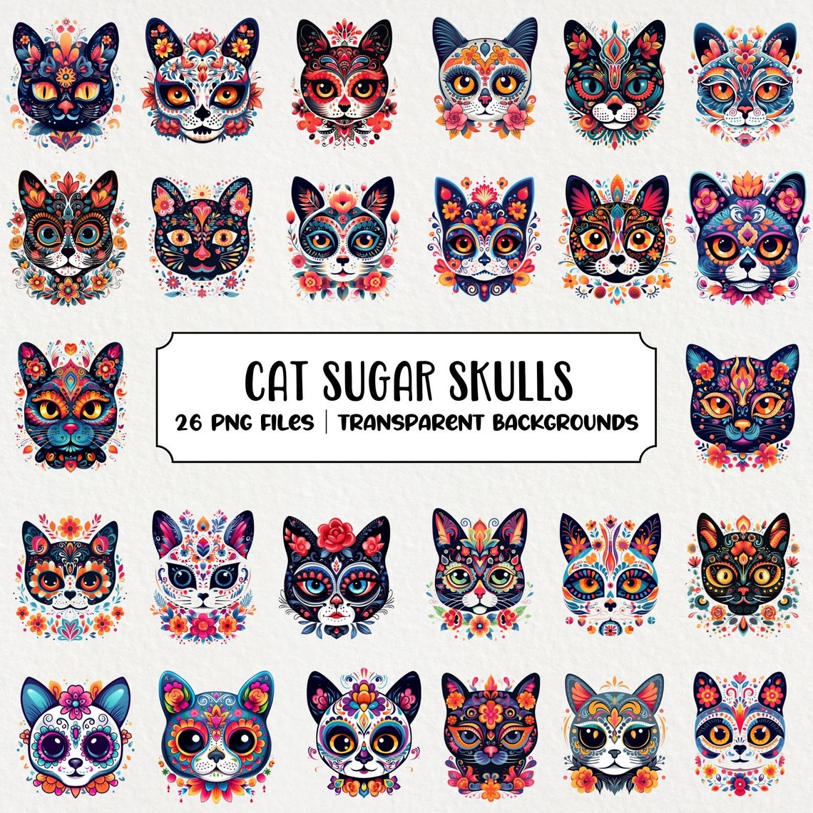 Cat Sugar Skull Clipart, Day of the Dead PNG Bundle (digital Download ...