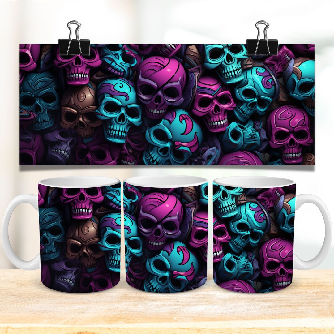 Skull Mug Wrap, Neon Skeleton 11oz & 15oz Sublimation Design, Gothic ...
