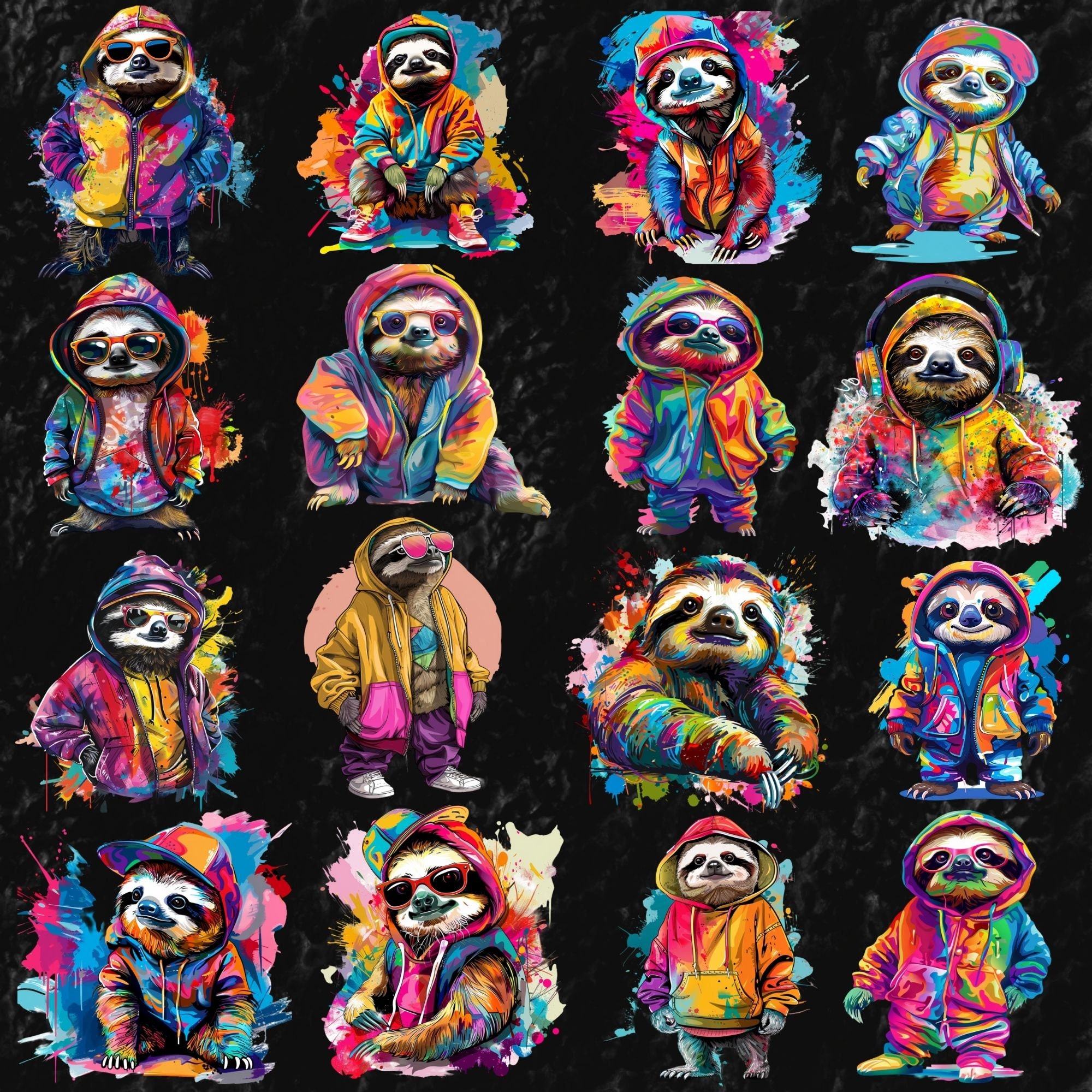 Sloth Streetwear Png Clipart Bundle Neon Graffiti Graphics for T-shirt ...