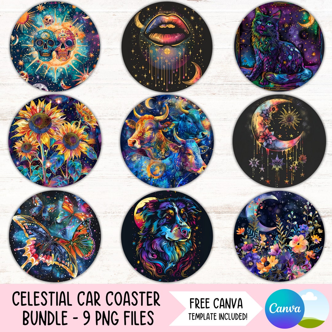 Celestial Car Coaster Bundle Boho Cup Holder Sublimation Design Coffee ...