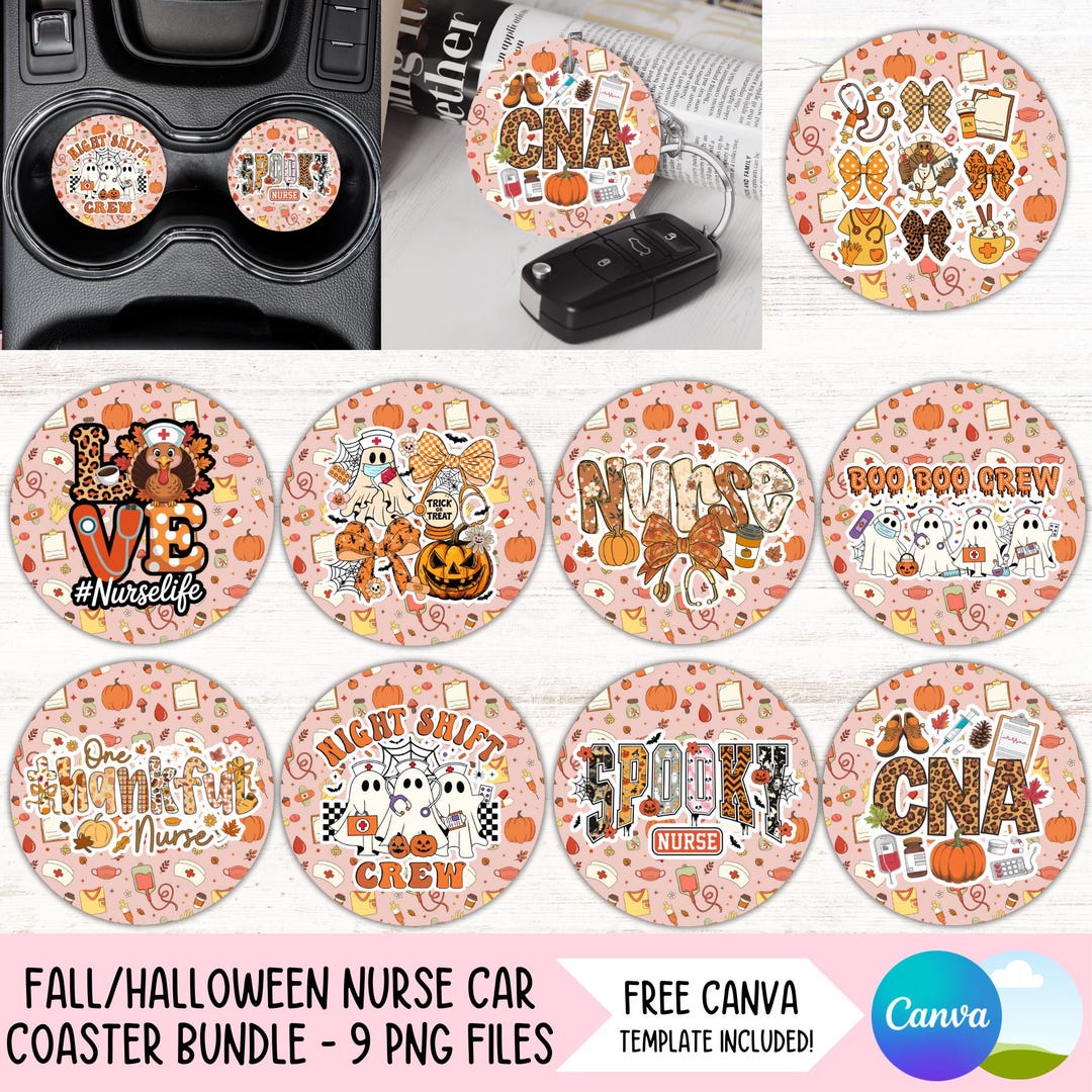 Fall Nurse Car Coaster PNG Bundle, RN Halloween Round Sublimation ...