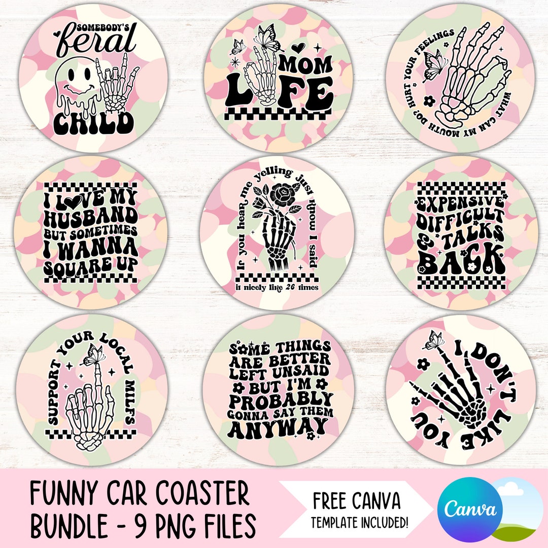 Funny Adult Humor Car Coaster PNG Bundle Sarcastic Quotes Coffee Cup ...