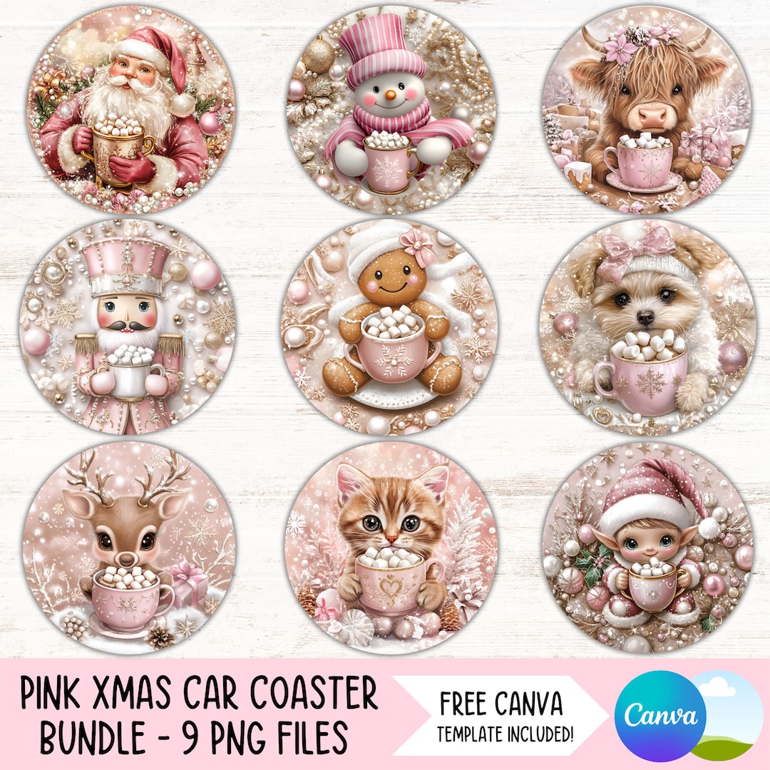 Pink Christmas Car Coaster PNG Bundle Santa Claus Coffee Cup Holder ...