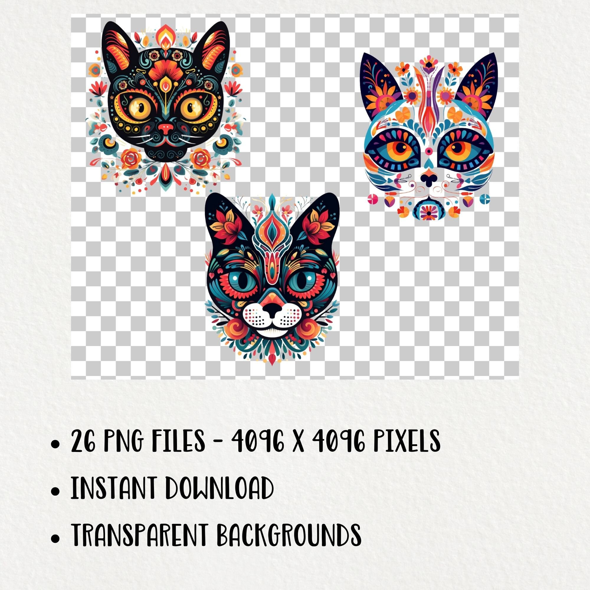 Cute Cat Sugar Skull Png Bundle, Mexican Day of the Dead Instant ...