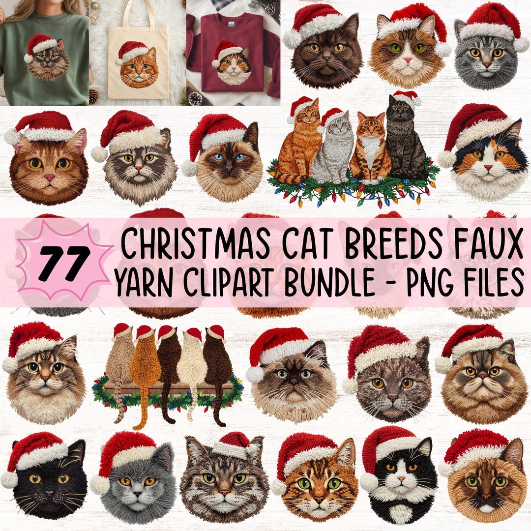 Christmas Cat Breeds Faux Yarn Clipart Bundle, Faux Embroidery ...