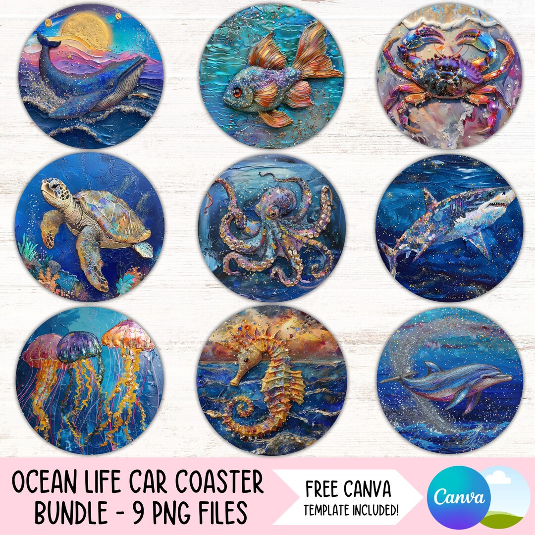 Sea Life Car Coaster Png Bundle Marine Life Cup Holder Sublimation ...