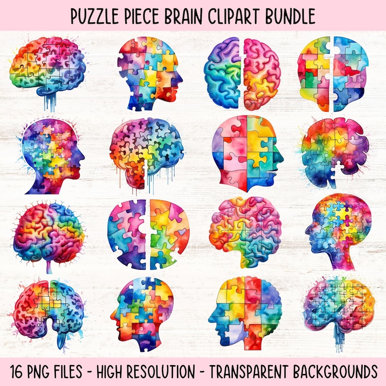 Puzzle Piece Brain PNG Bundle Colorful Brain Clipart Mental Health Png ...
