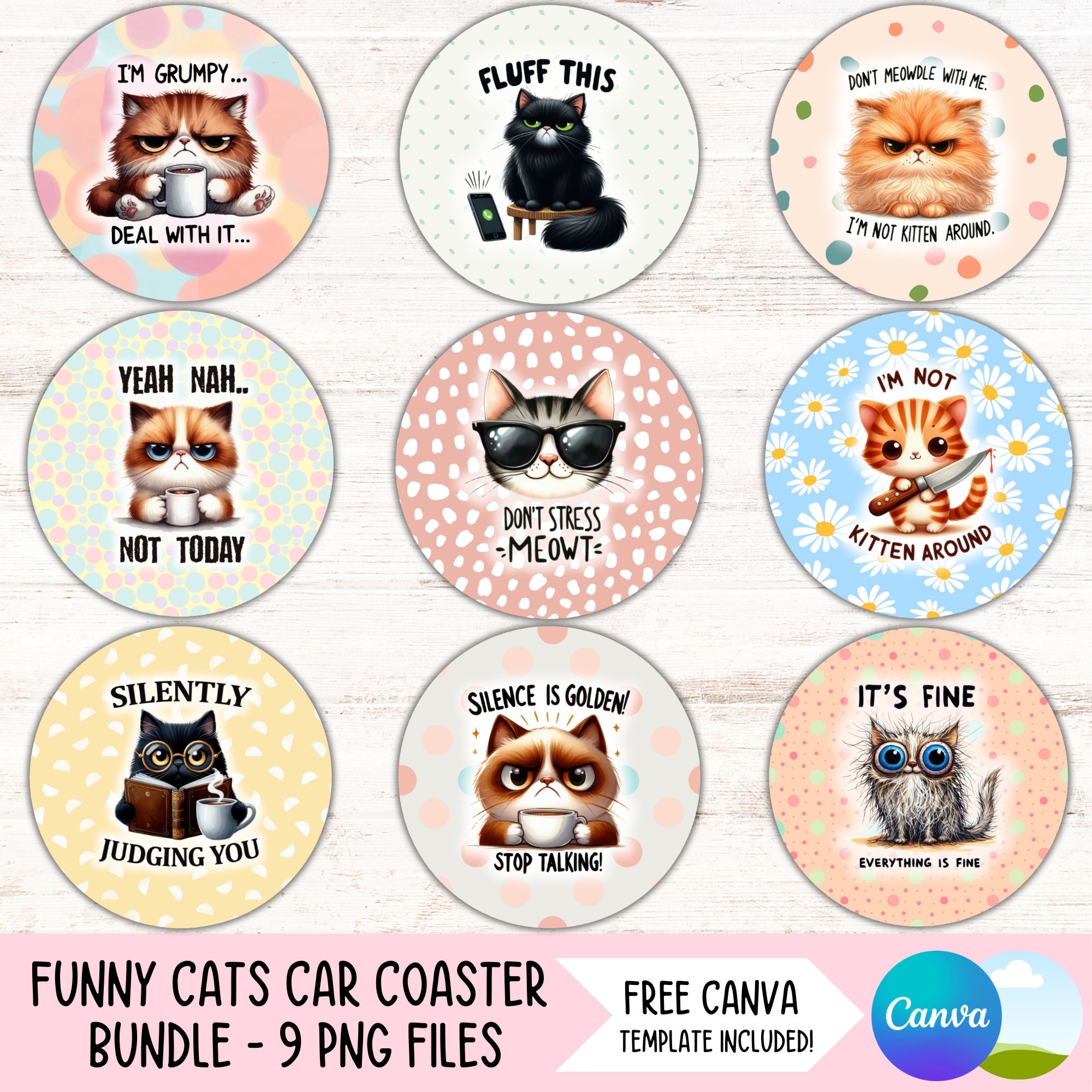 Funny Cat Car Coaster Bundle PNG Sarcastic Quotes Cup Holder ...
