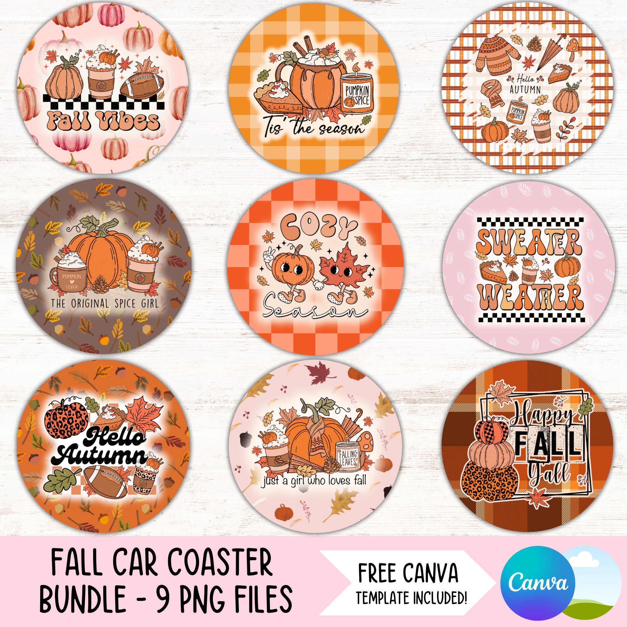 Fall Girl Car Coaster PNG Bundle Pumpkin Coffee Cup Holder Sublimation ...