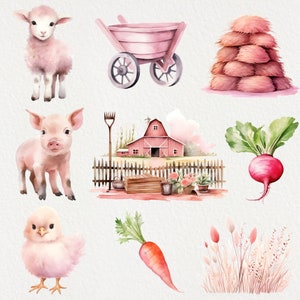 Watercolor Cute Pink Farm Animals Clipart Farm Baby Shower Girl ...
