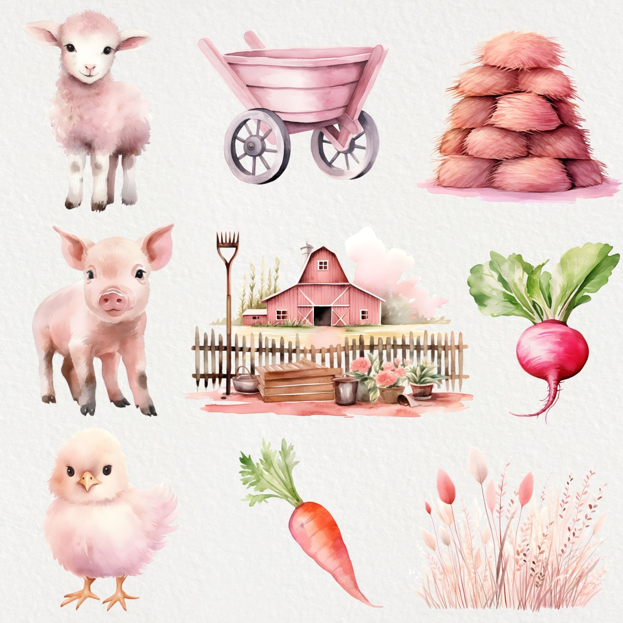Watercolor Pink Farm Animals Clipart (digital Files Download) - Etsy
