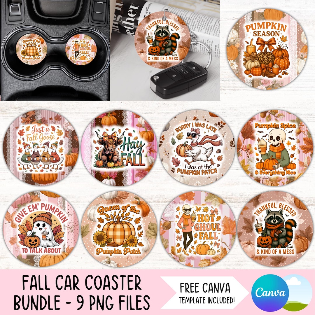 Cute Fall Car Coaster PNG Bundle Pumpkin Coffee Cup Holder Sublimation ...