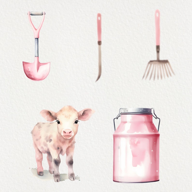 Watercolor Cute Pink Farm Animals Clipart Farm Baby Shower Girl ...