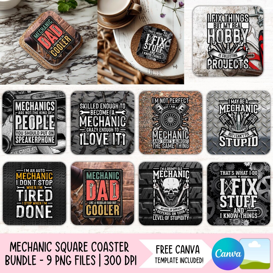 Funny Mechanic Square Coaster PNG Bundle Sarcastic Quotes Sublimation ...
