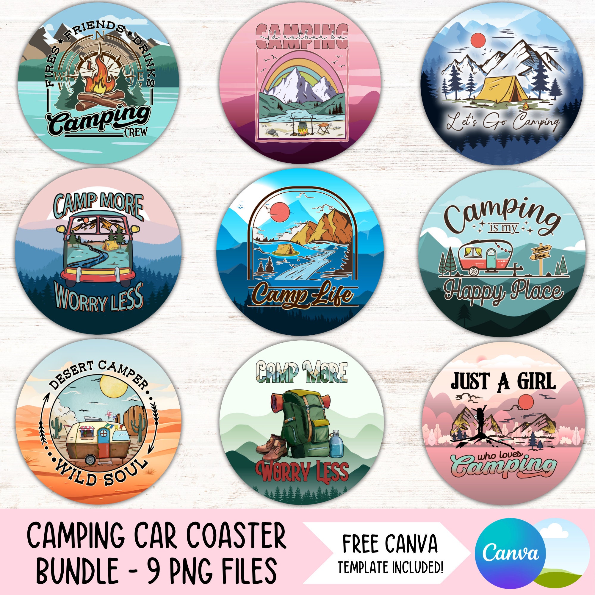 Camping Car Coaster PNG Bundle Outdoor Adventure Cup Holder Sublimation ...
