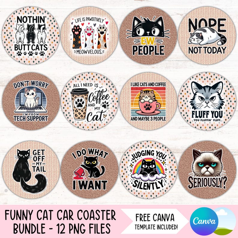 Funny Cat Car Coaster PNG Bundle Grumpy Cat Cup Holder Sublimation ...