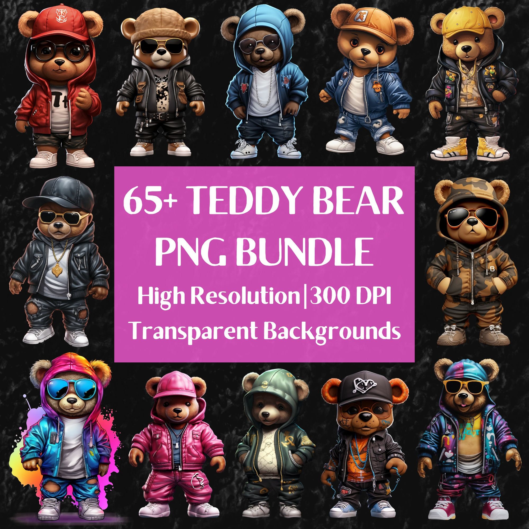 Teddy Bear Png Bundle, Colorful Urban Design Streetwear Png Sublimation ...