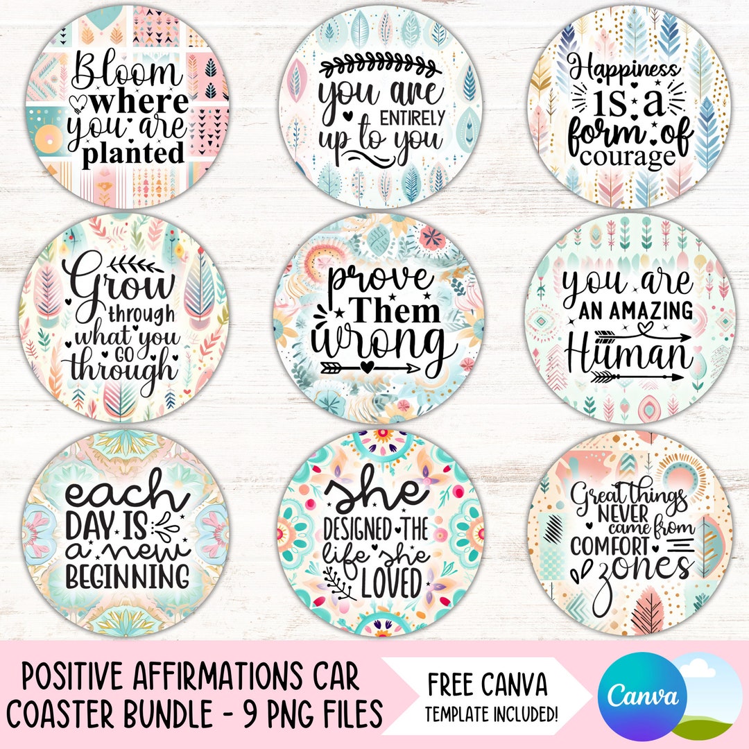Positive Affirmations Car Coaster PNG Bundle Inspirational Car Cup ...