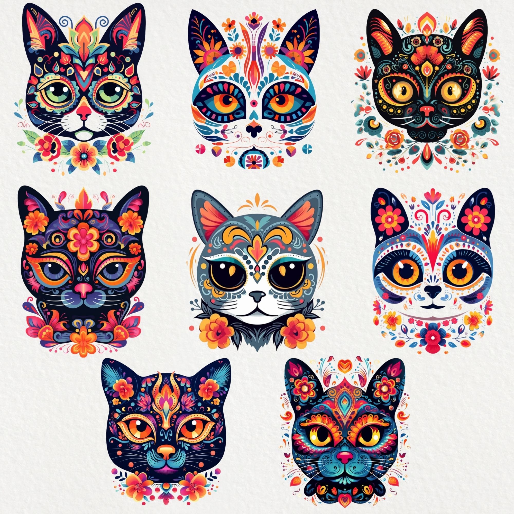Cute Cat Sugar Skull Png Bundle, Mexican Day of the Dead Instant ...