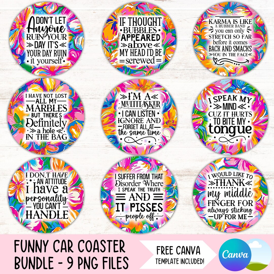 Funny Car Coaster PNG Bundle, Sarcastic Quotes Round Sublimation ...
