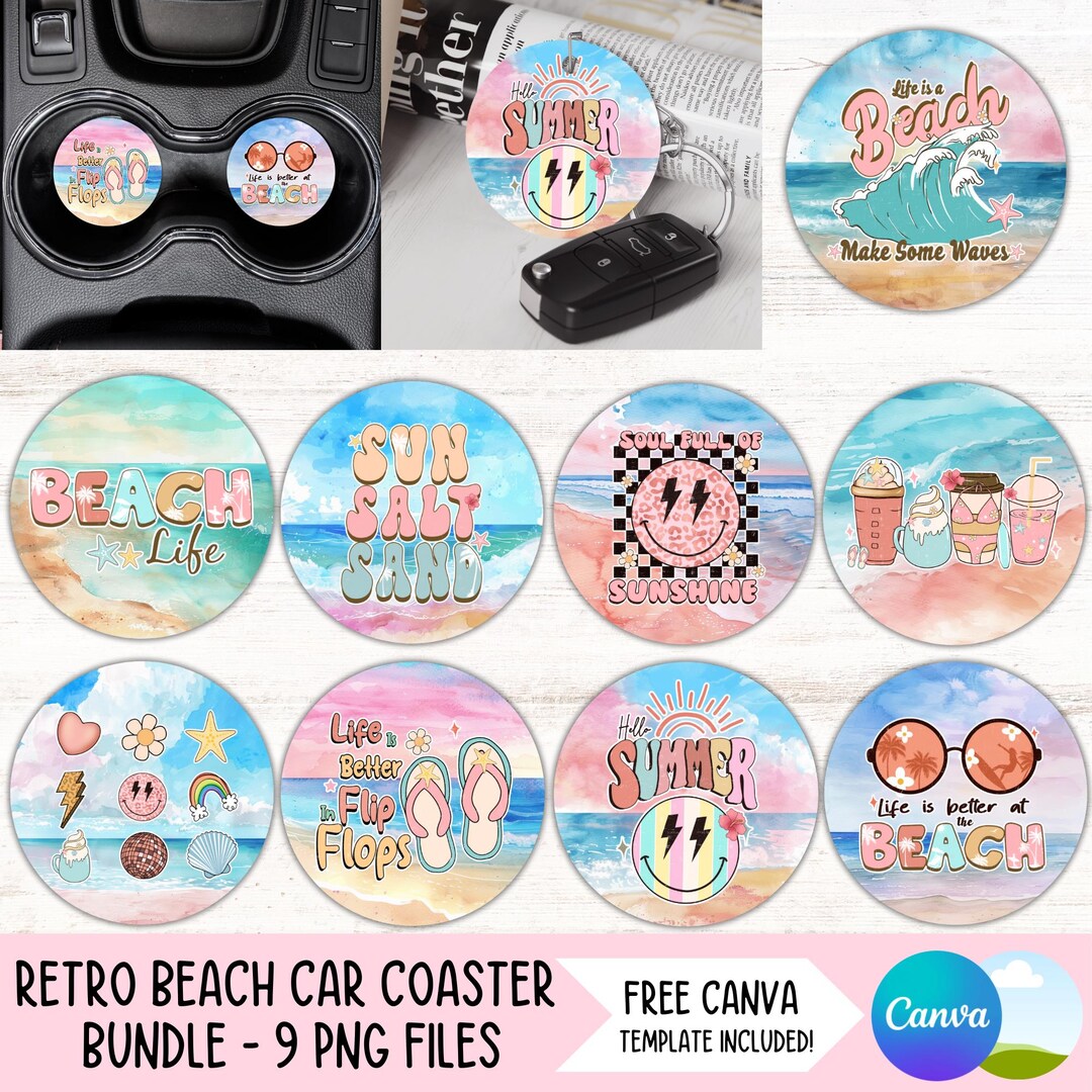 Retro Beach Car Coaster Designs Bundle Summer Cup Holder Sublimation ...
