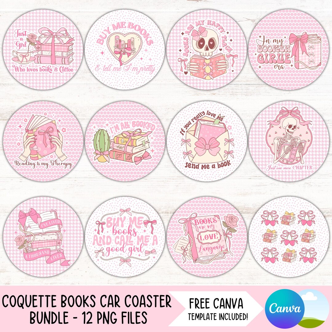 Coquette Book Car Coaster PNG Bundle, Reading Lover Round Sublimation ...