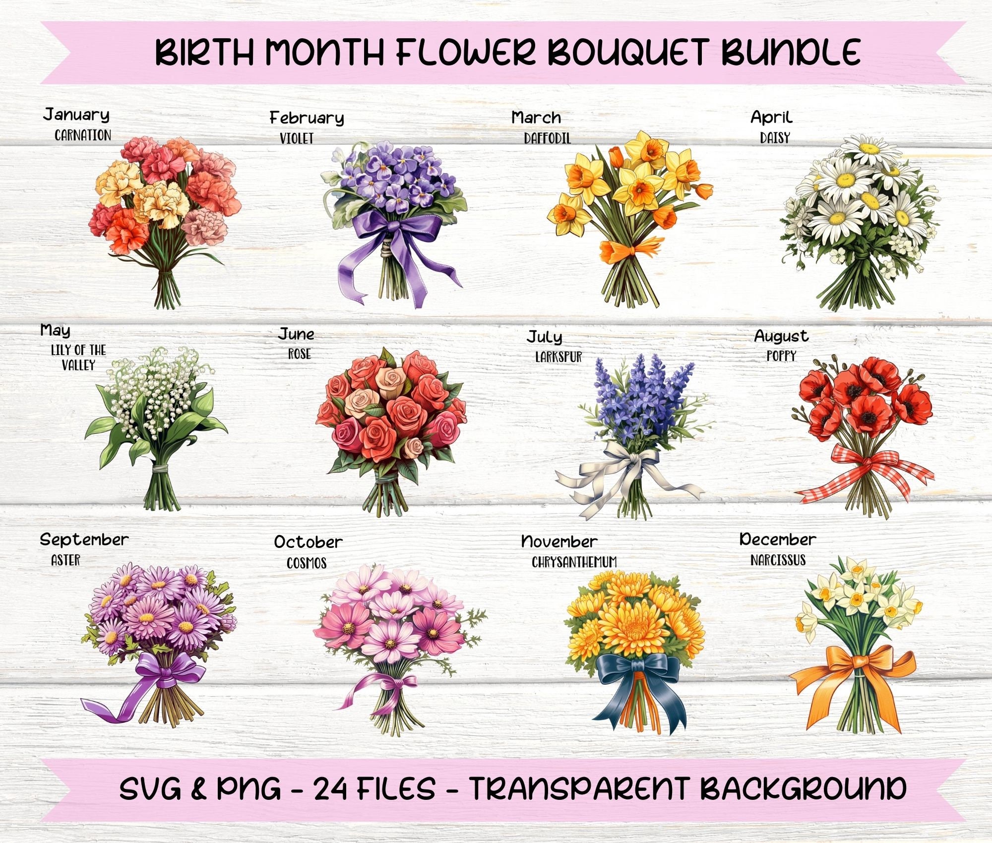 Birth Month Flower Bouquet Png Bundle DIY Birth Flower Png - Etsy