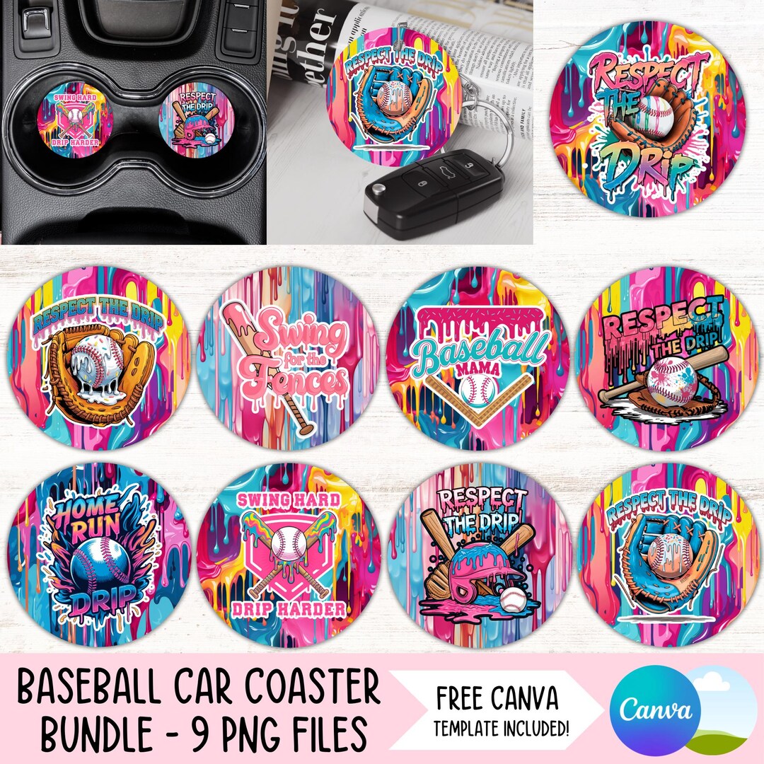 Baseball Drip Car Coaster PNG Bundle Baseball Mama Coaster Sublimation ...