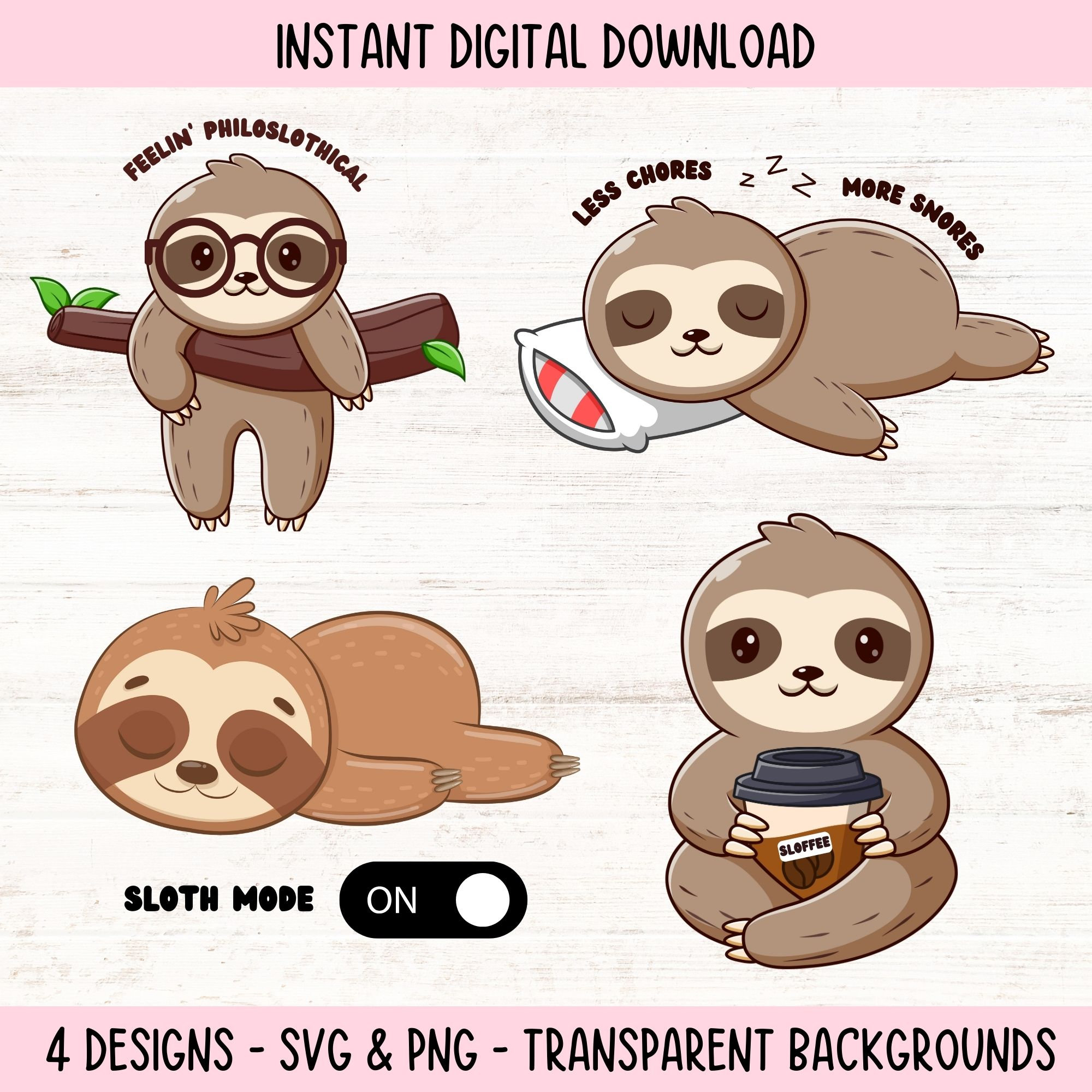 Cute Sloth SVG Bundle, Baby Sloth PNG Files for Sloth Gifts, Sloth ...