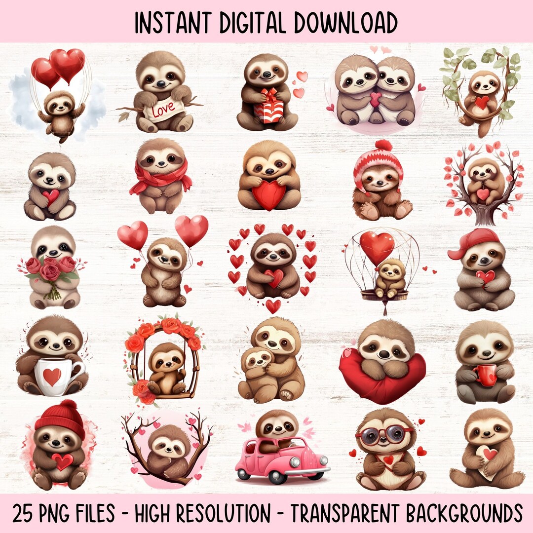 Cute Sloth Valentine PNG Bundle Valentine Clipart for Sloth - Etsy