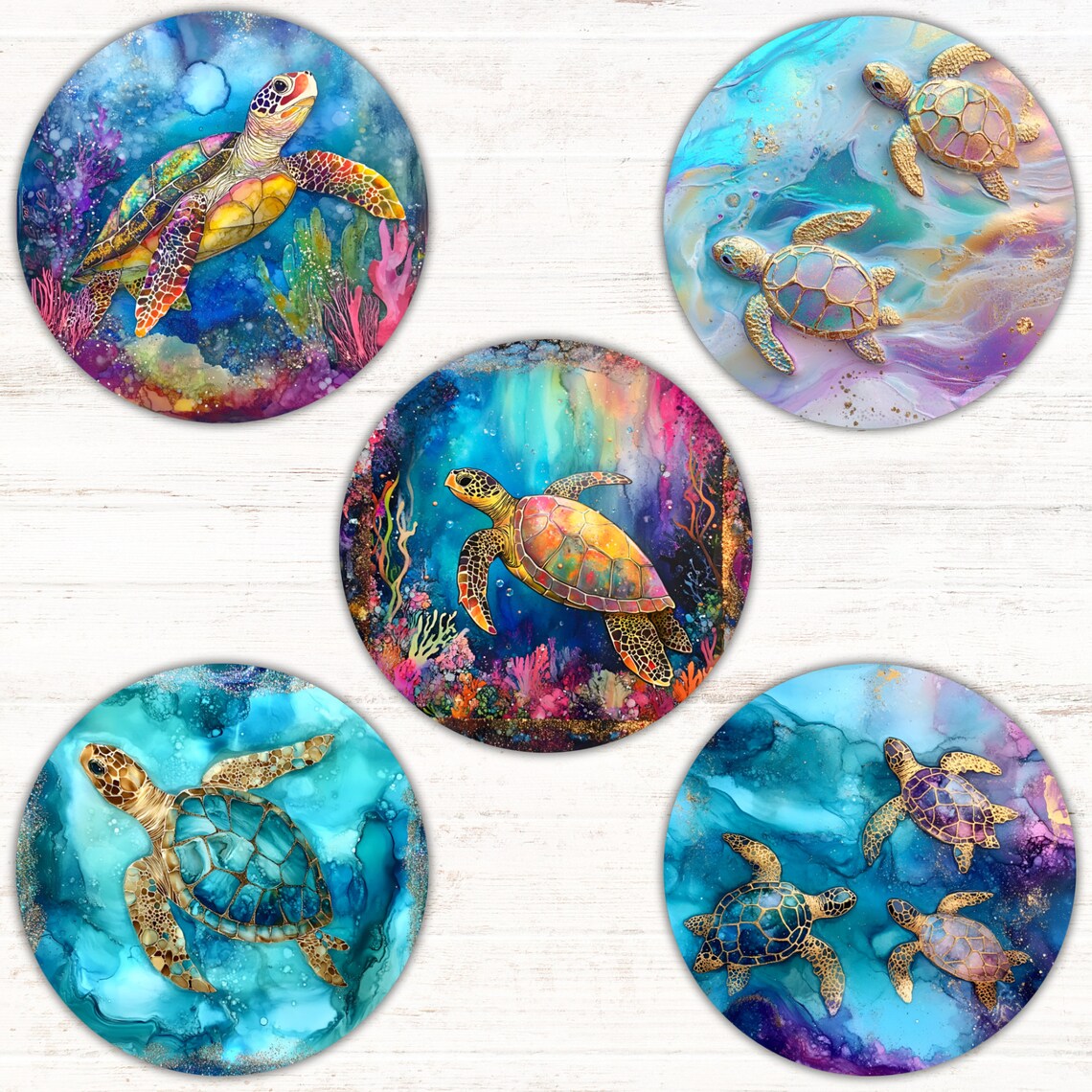 Sea Turtle Car Coaster PNG Bundle, Ocean Marine Life Round Sublimation ...