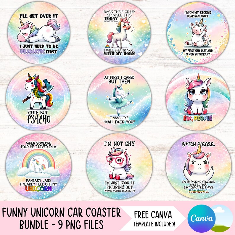 Funny Unicorn Car Coaster PNG Bundle, Sarcastic Round Sublimation ...