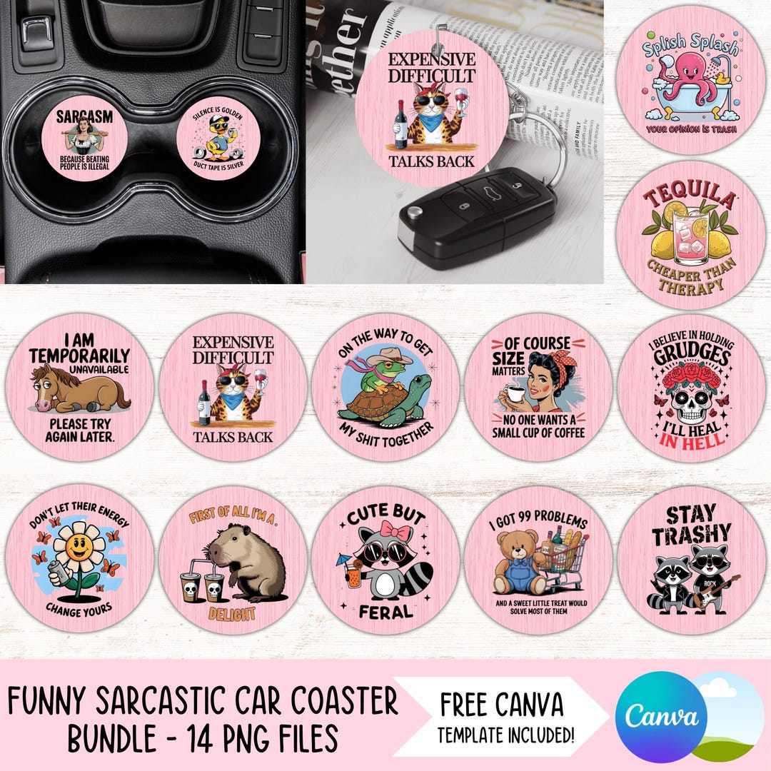 Funny Animals Car Coaster PNG Bundle, Sarcastic Round Sublimation ...
