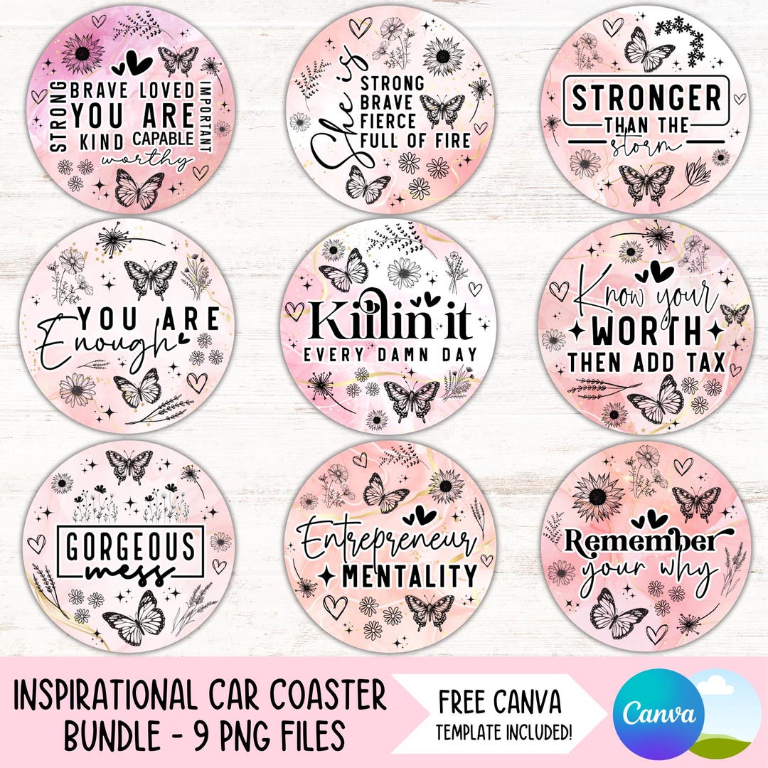 Positive Affirmations Car Coaster PNG Bundle Inspirational Quotes Cup ...