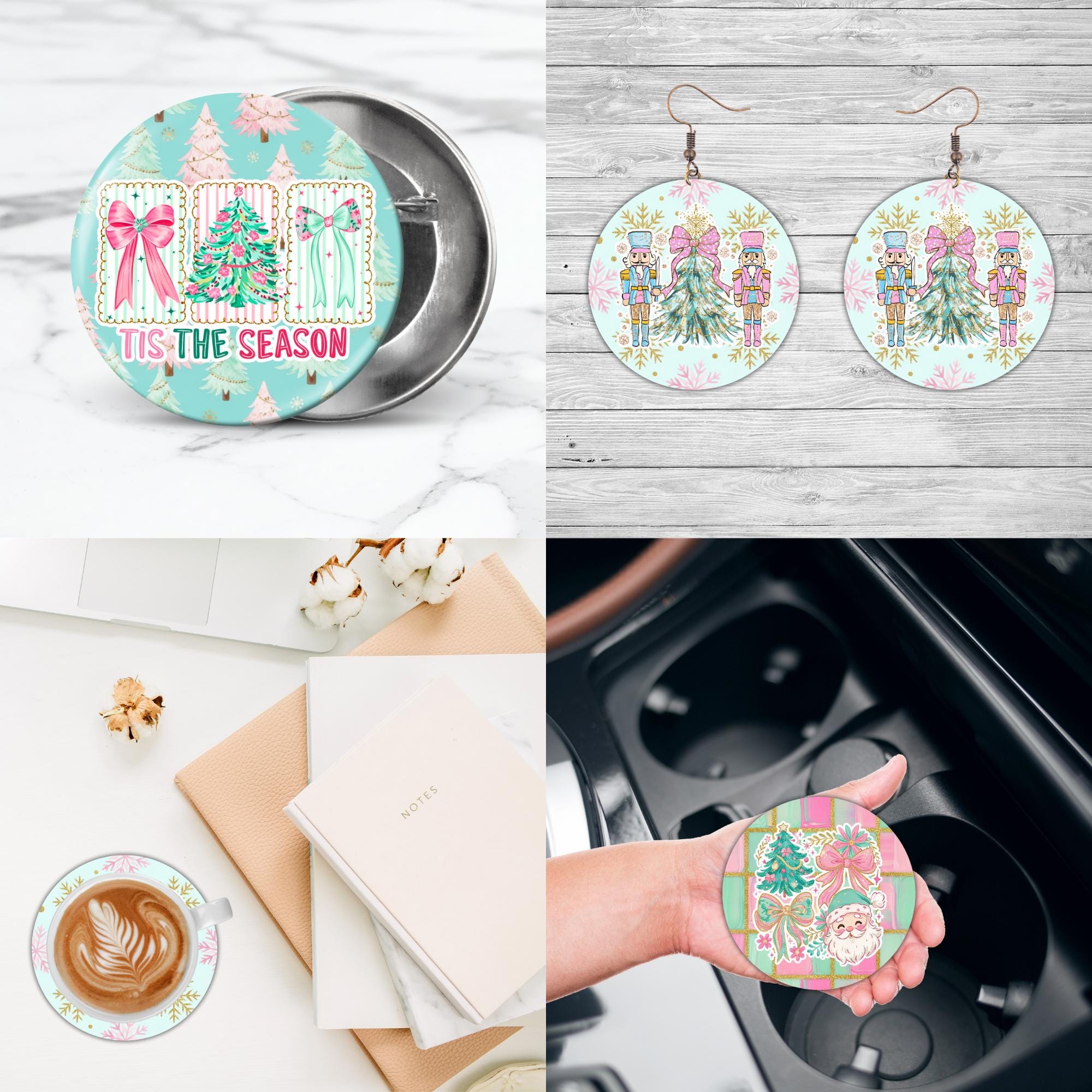 Preppy Coquette Christmas Car Coaster Bundle, Pink Brushstroke Holiday ...