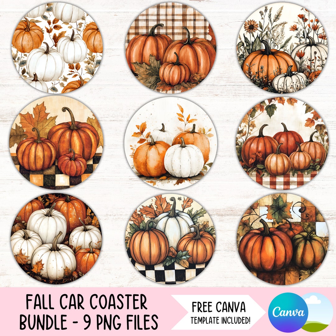 Vintage Fall Car Coaster PNG Bundle Pumpkin Coffee Cup Holder ...