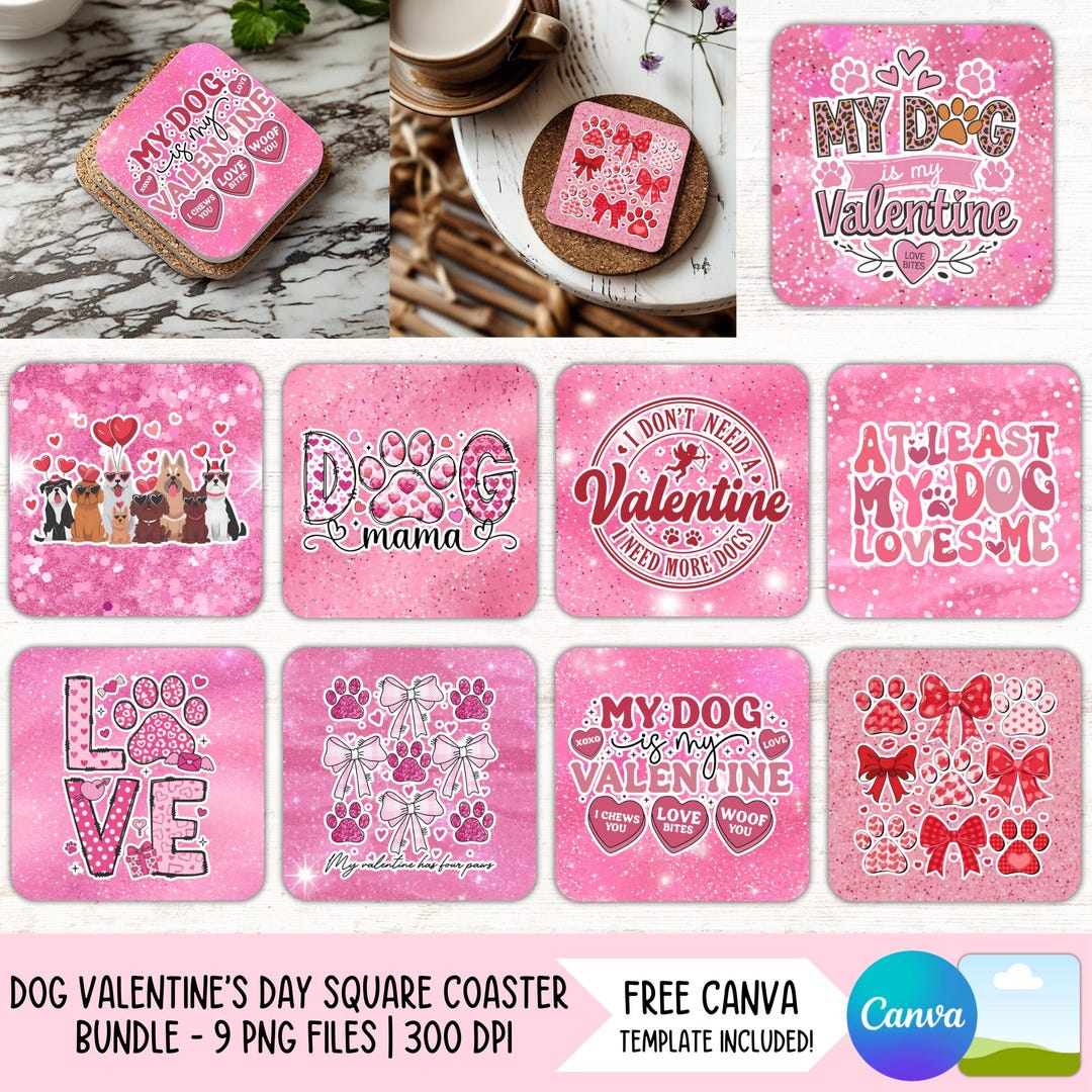 Dog Valentine's Day Square Coaster PNG Bundle, Dog Mom Coquette Bow ...
