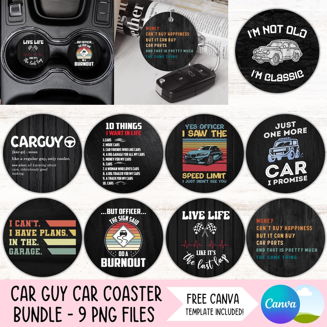 Funny Car Guy Car Coaster Bundle, Gearhead Round Sublimation Designs ...