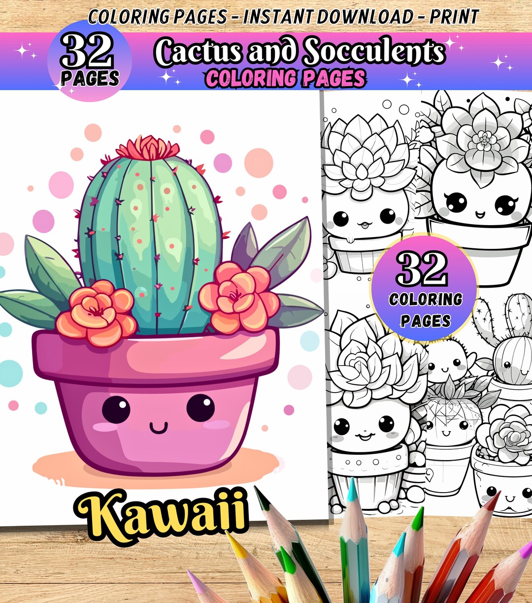 Kawaii Coloring Pages, Cacti and Succulents, Coloring Book for Kids ...