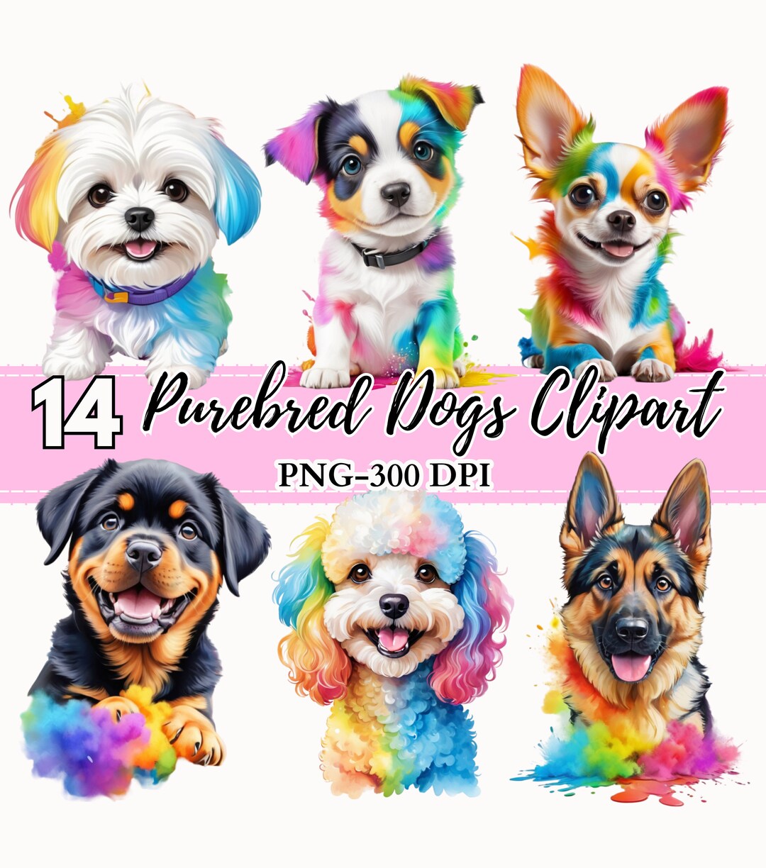 Cute Dogs Clipart Pack, Breed Dogs, Paint Splatter, Puppies Clipart ...