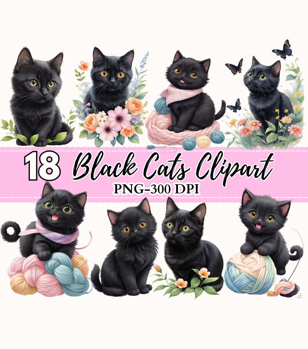 Black Cats Clipart, Flowers Clipart, Cute Kittens, Funny Black Cats,png ...