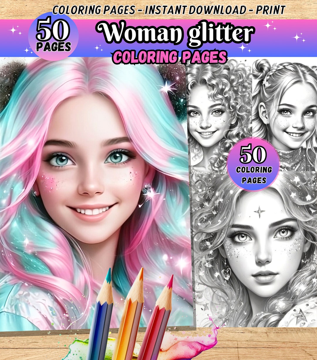 Woman Glitter Coloring Pages, Bright Woman, Coloring Book, Pretty Lady ...