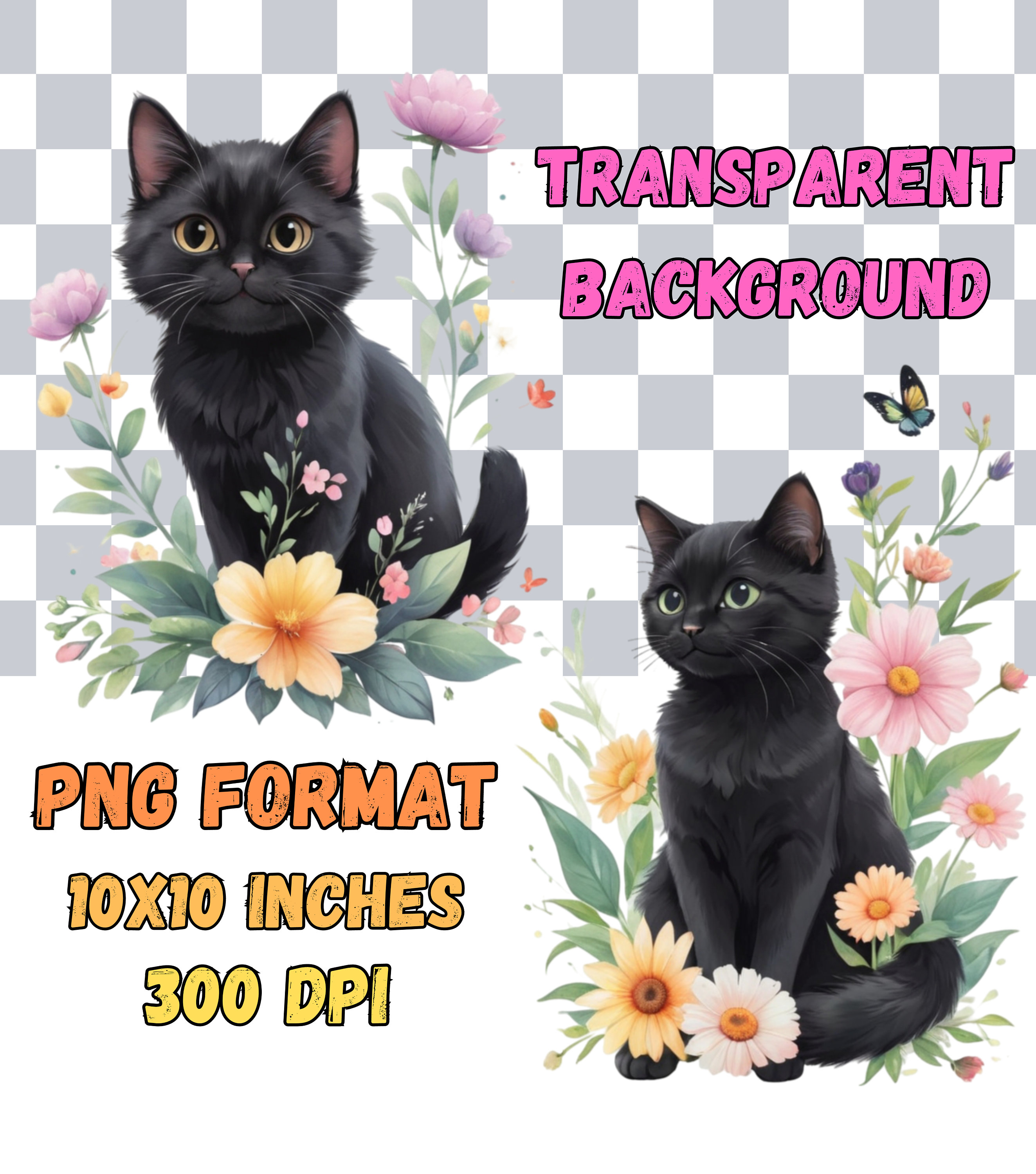 Black Cats Clipart, Flowers Clipart, Cute Kittens, Funny Black Cats,png ...