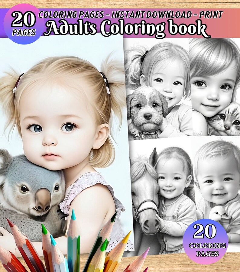 Animals and Kids, Coloring Pages for Adults, Baby Coloring Book, Animal ...