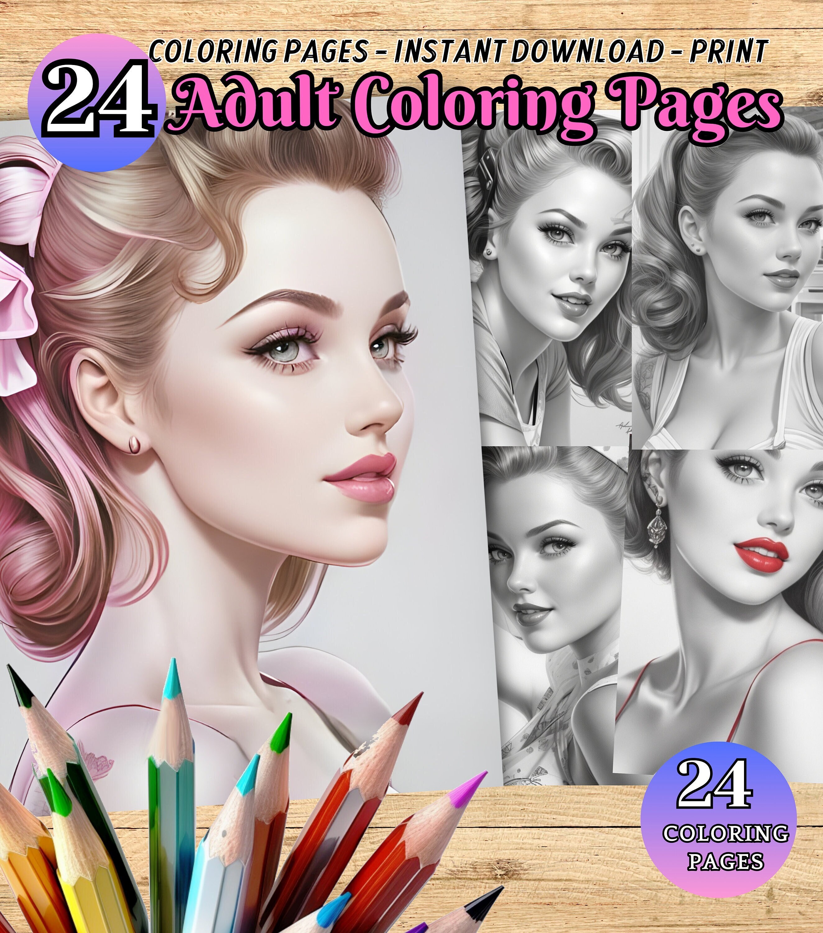 Pin-up Girls Coloring Book,portraits to Color,coloring Pages for Adults ...