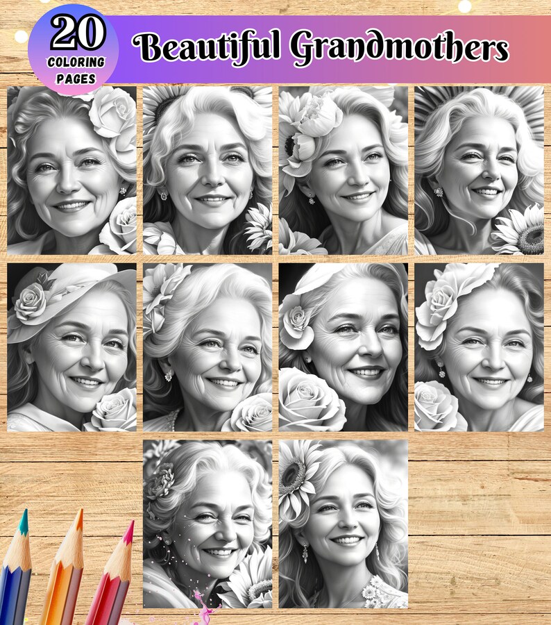 Grandma Portrait Coloring Pages, Old Lady Coloring Book, Adult Coloring ...