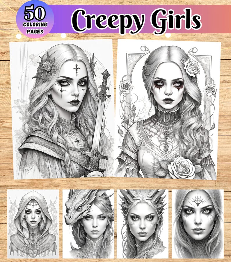 Creepy Girl Coloring, Creepy Beauties Printable, Gothic Woman, Creepy ...