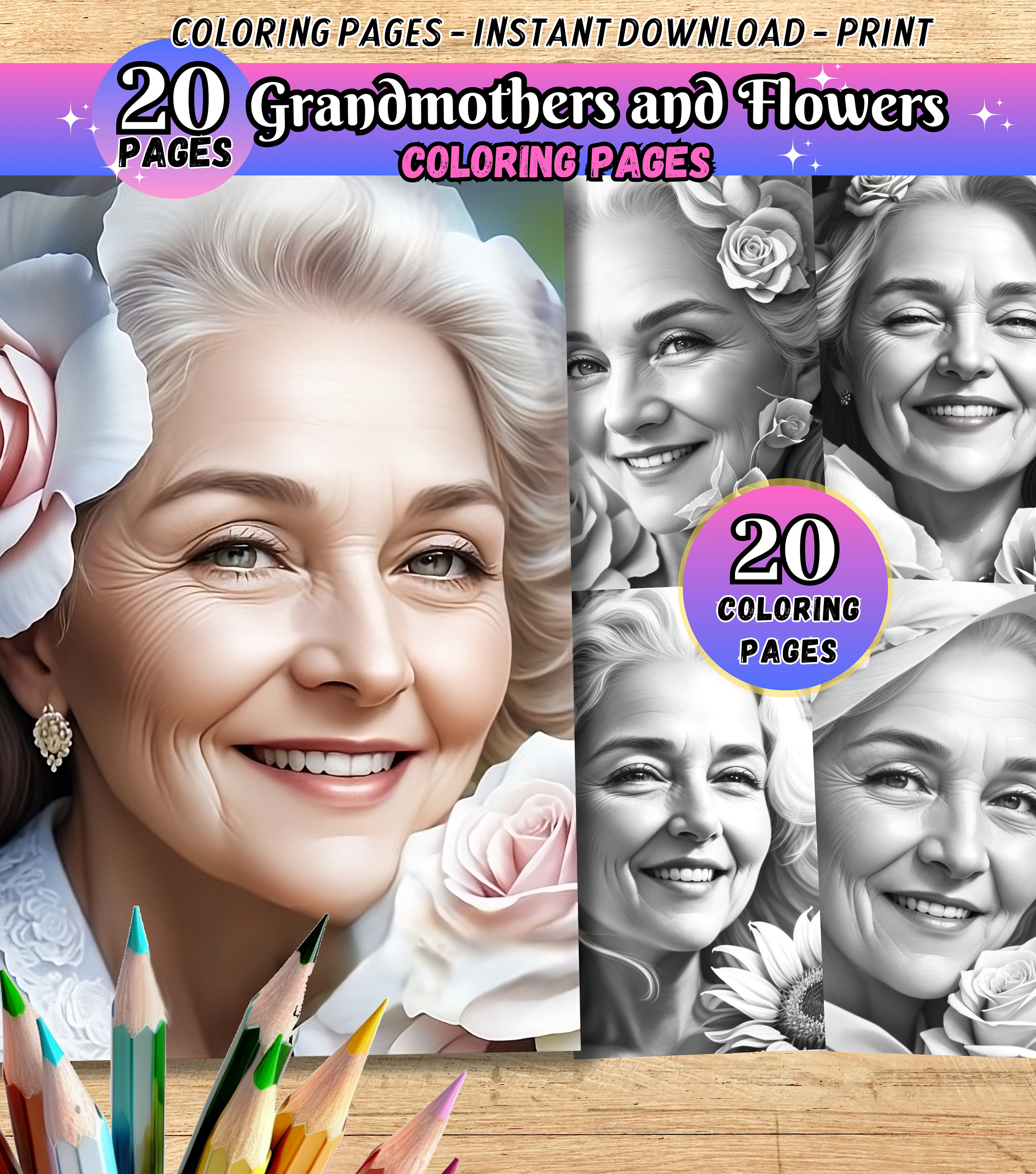 Grandma Portrait Coloring Pages, Old Lady Coloring Book, Adult Coloring ...