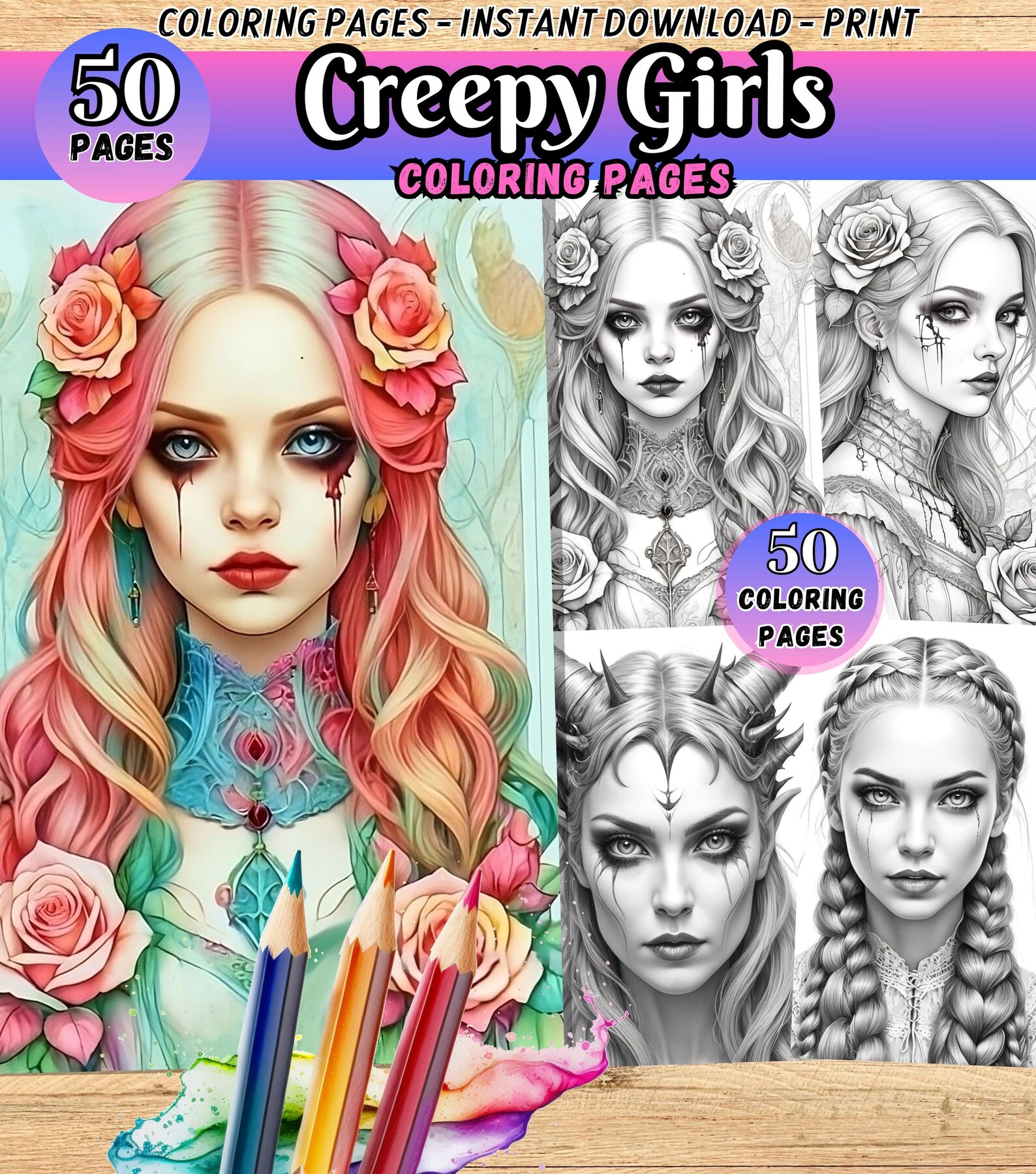 Creepy Girl Coloring, Creepy Beauties Printable, Gothic Woman, Creepy ...