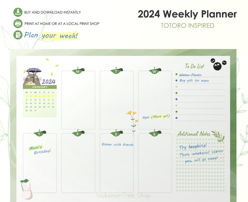 NEW YEAR 2024 Weekly Planner, Totoro, Blank and Lined, Monday/sunday ...